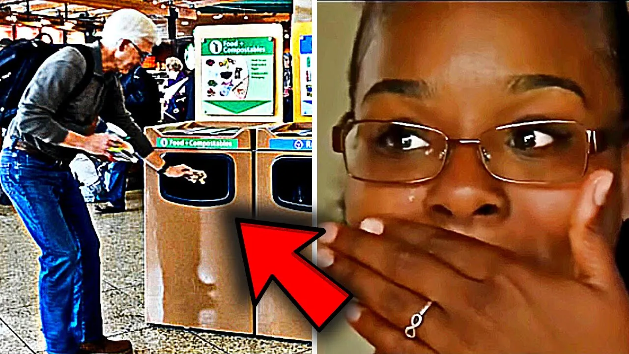 Man dumps package in airport trash. Woman notices something strange