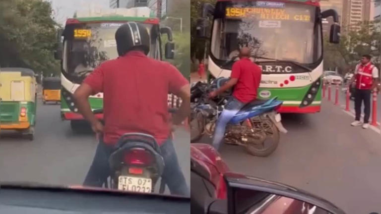 Watch: Hyderabad biker refuses to budge, forces wrong-way bus to reverse