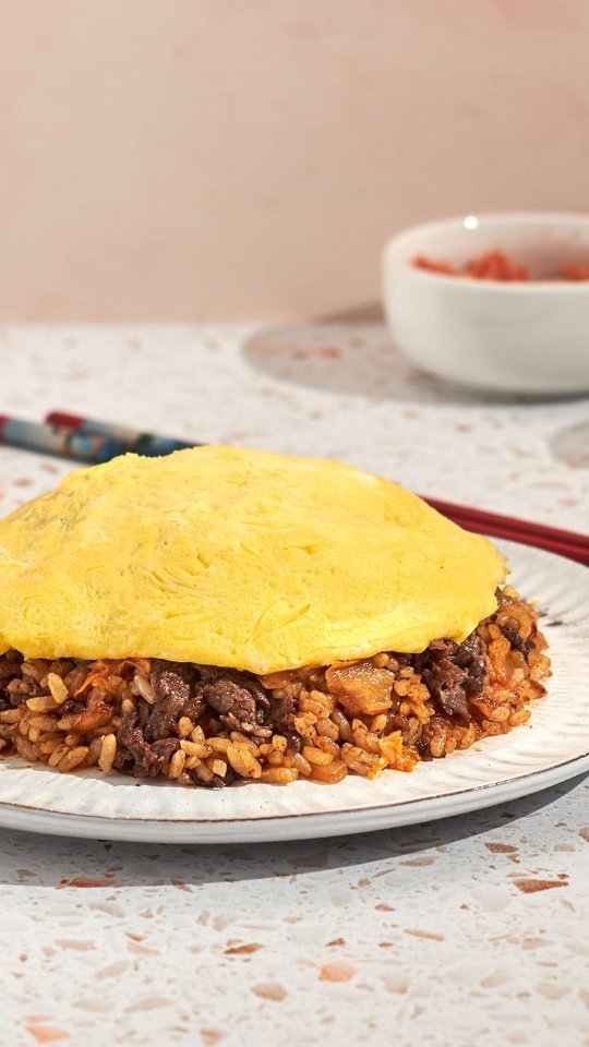 Omurice with kimchi bulgogi fried rice fusion recipe
