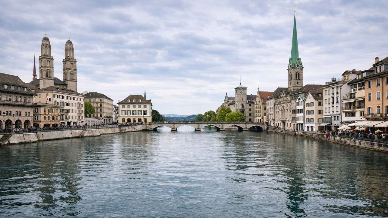 Promenade le long de la Limmat à Zurich entre tours et ponts historiques