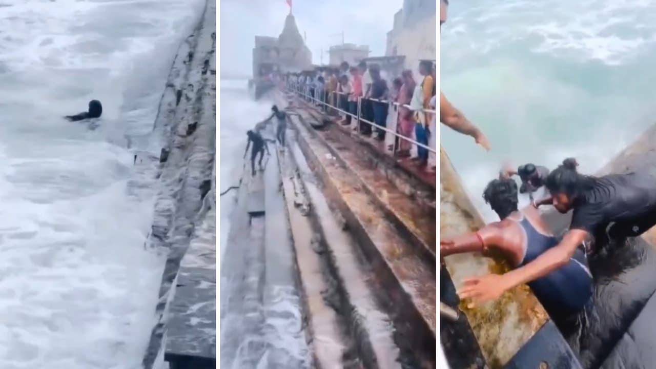 Elderly man swept away by huge waves at Dwarka Ghat, dramatic rescue ...