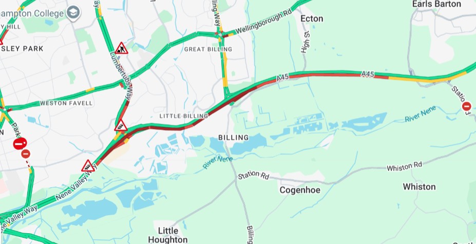 Drivers warned of severe delays on A45 in Northampton