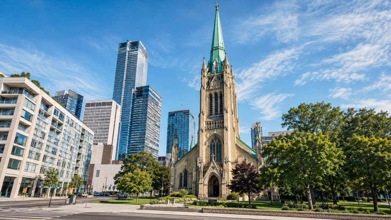 Toronto’s historic church looks surreal between glass towers