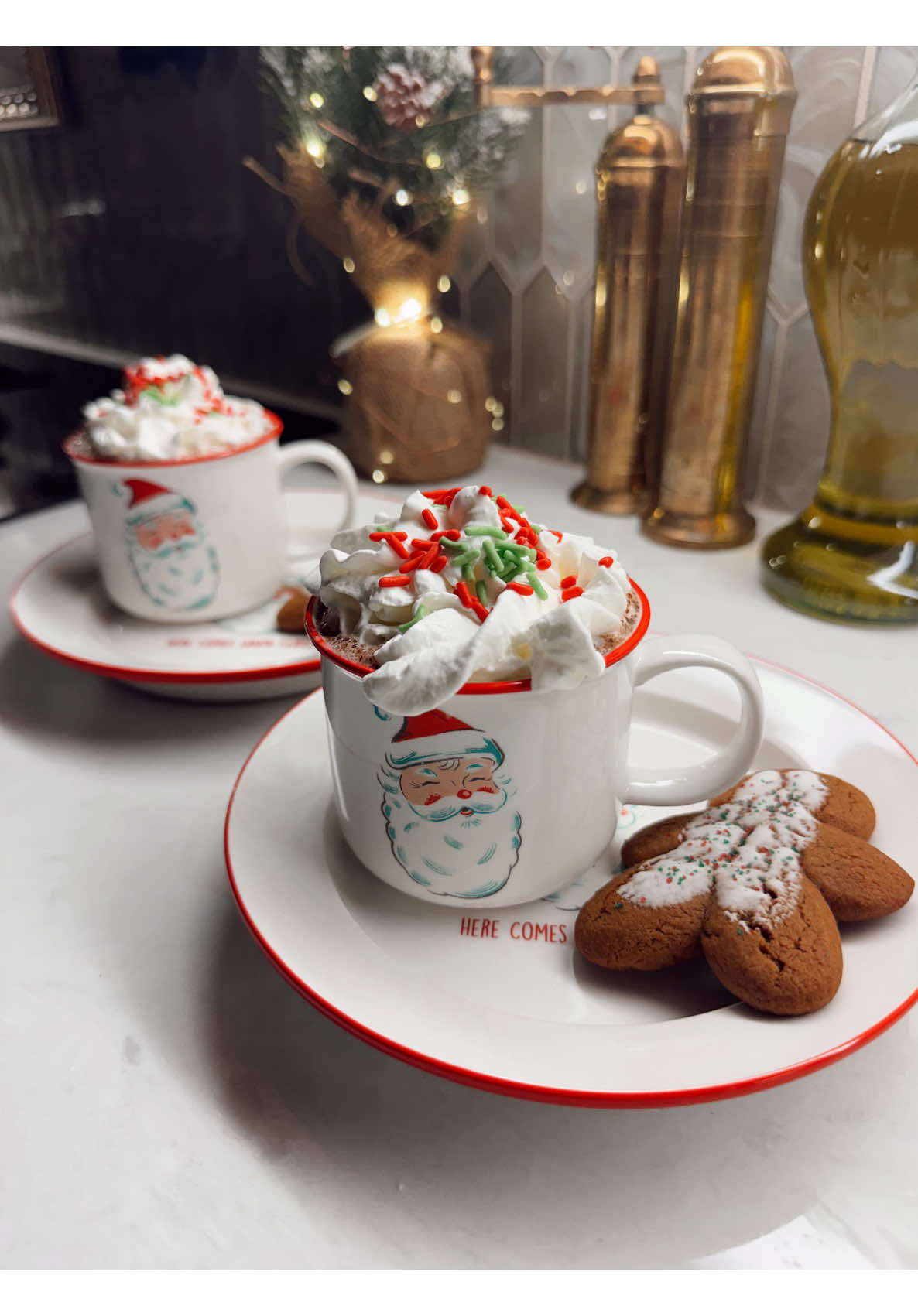 Cozy hot chocolate in vintage Santa mugs with gingerbread cookies for ...