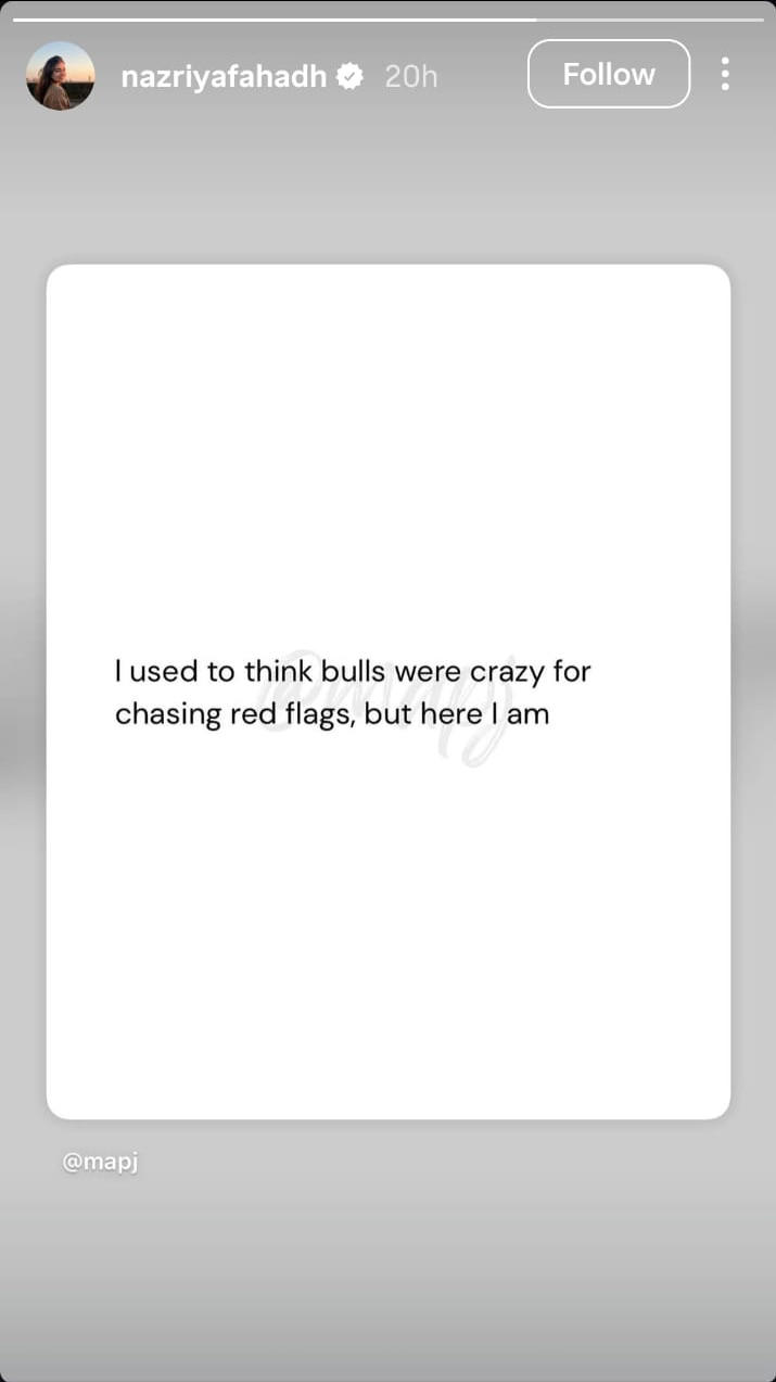 Actor Nazriya Nazim's Insta story on chasing red flags has fans worried