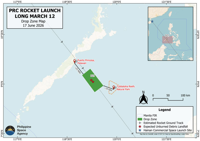 PhilSA warns of China's Long March 12 rocket debris falling near Palawan