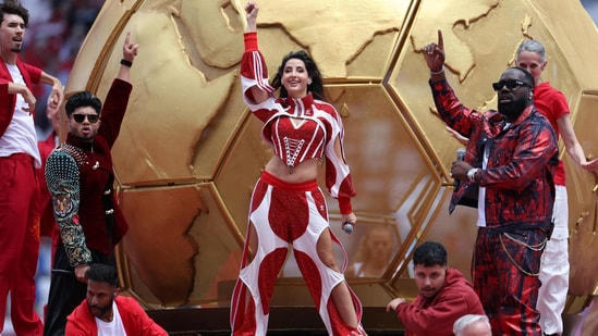 Nora Fatehi's FIFA 2026 red look was made from 5 T-shirts, a jacket and ...