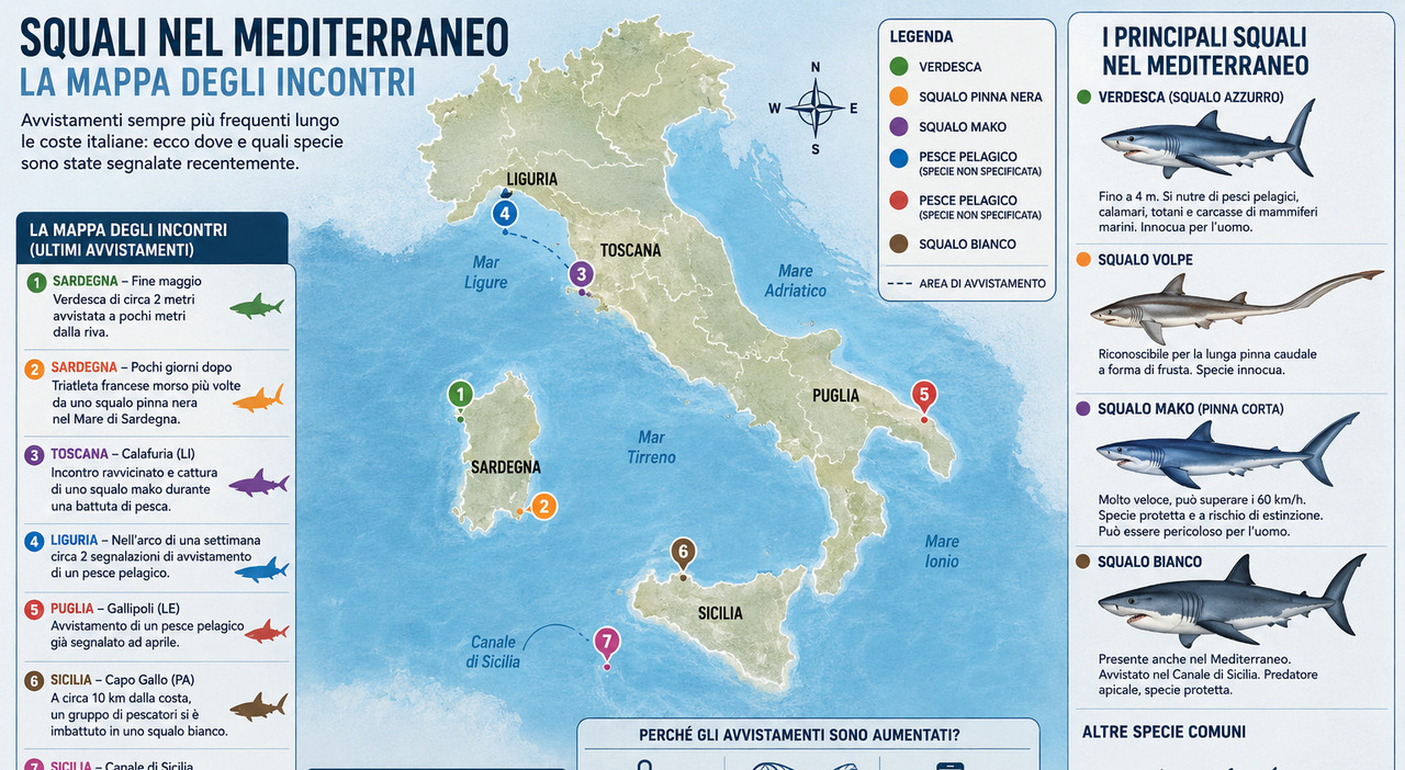 Squali in Italia, la mappa degli avvistamenti nei nostri mari: perché ...