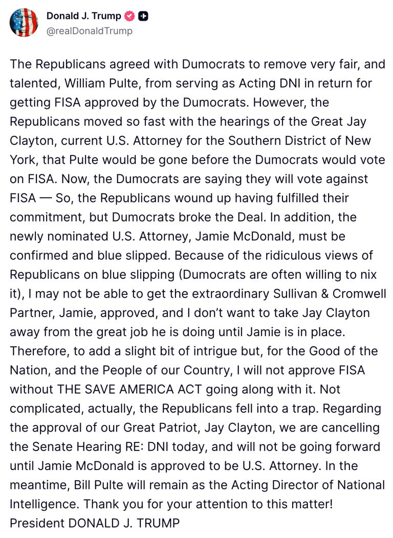 Trump delays Jay Clayton DNI hearing amid dispute over FISA and nominations