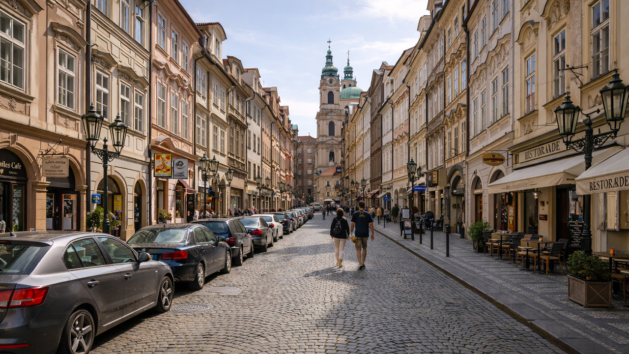 Cobblestone streets lead into Prague’s Old Town