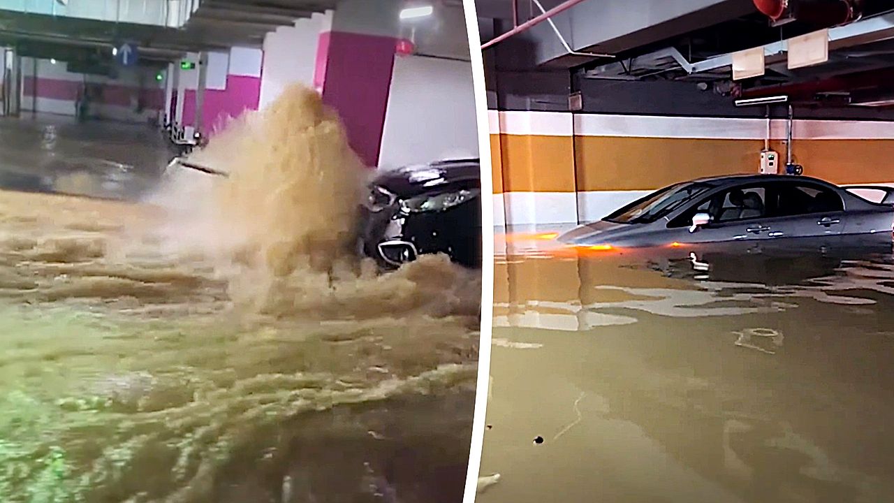 Floodwaters sweep cars through underground car park in southern China