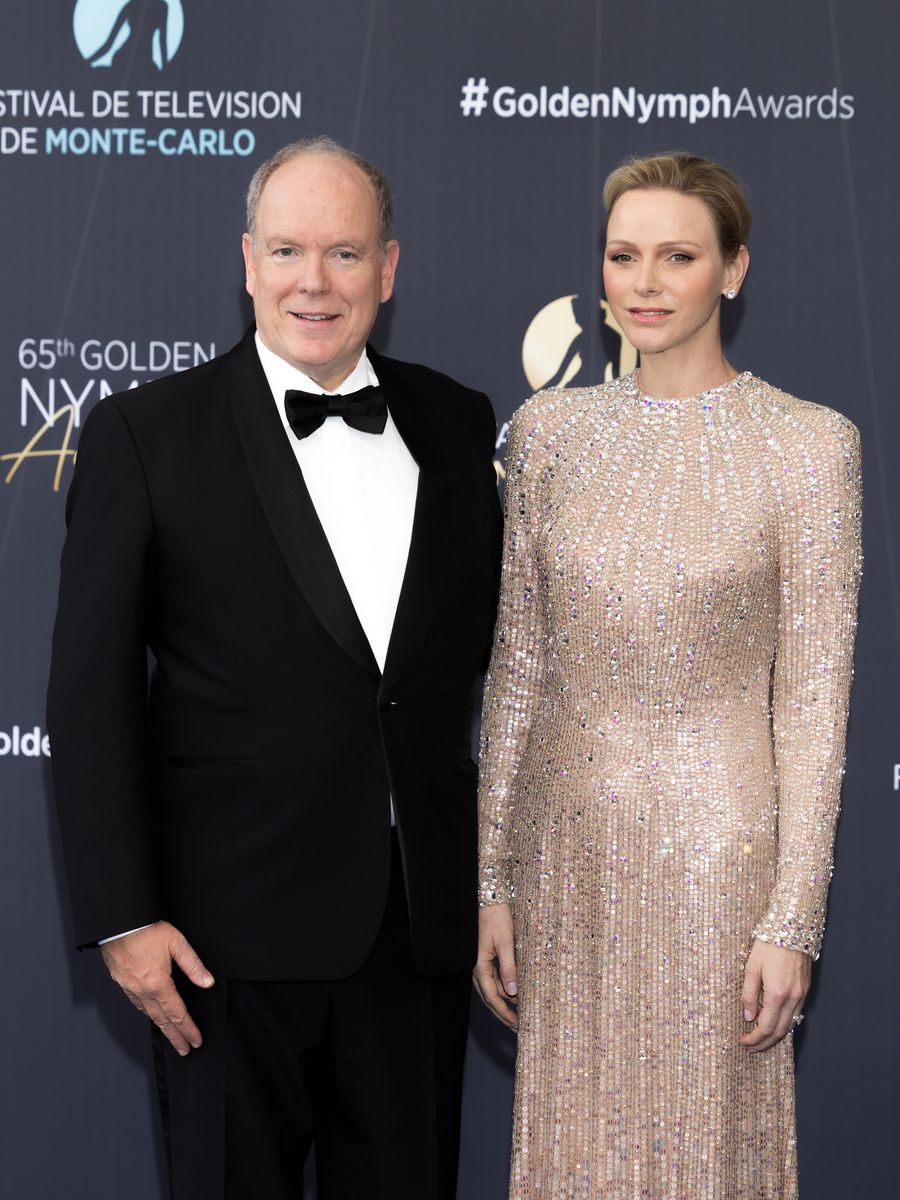 Princess Charlene dazzles in a crystal-covered gown and diamond jewelry ...