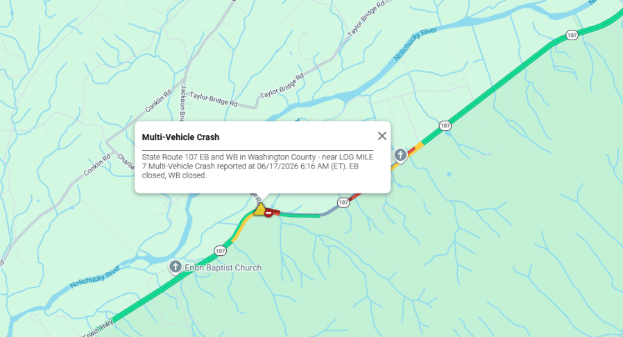 Crash closed SR-107 at Jackson Bridge Rd. in Washington Co., Tenn.