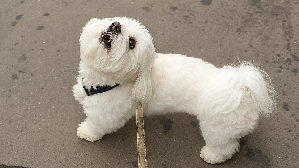 Small white dog looking up while on a leash