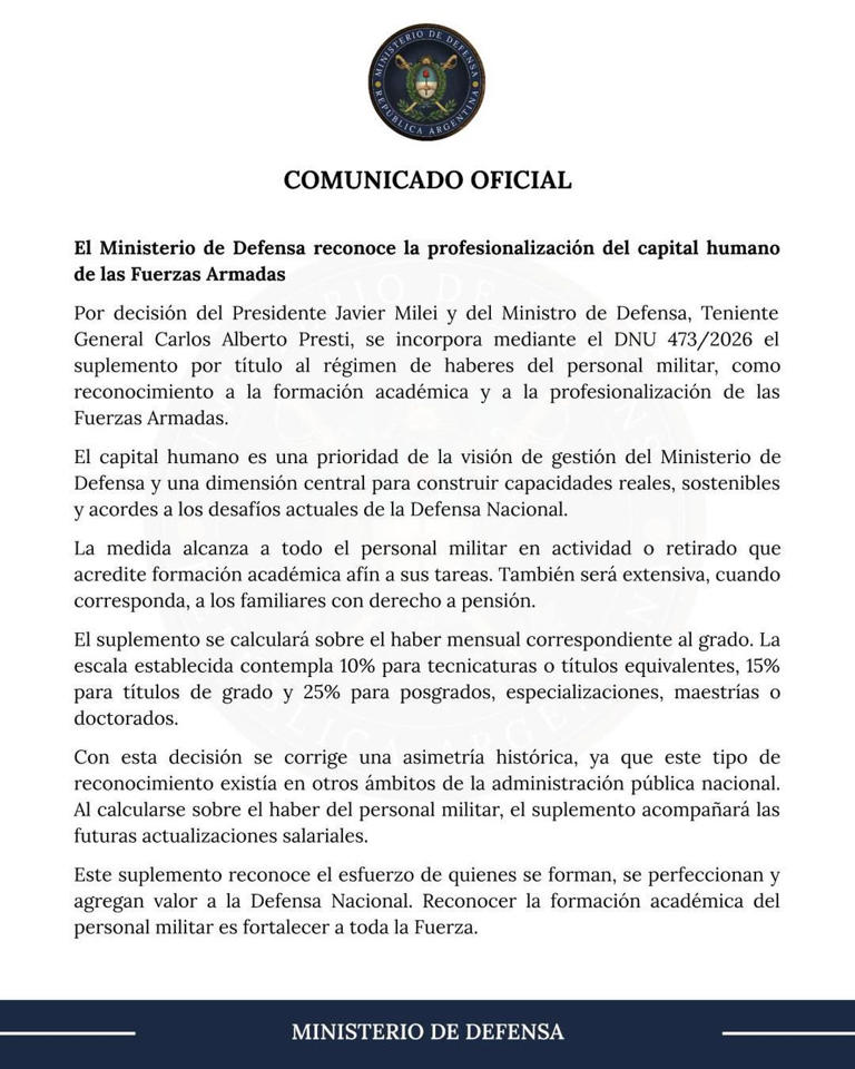 El Gobierno dispuso un suplemento salarial para militares con títulos ...