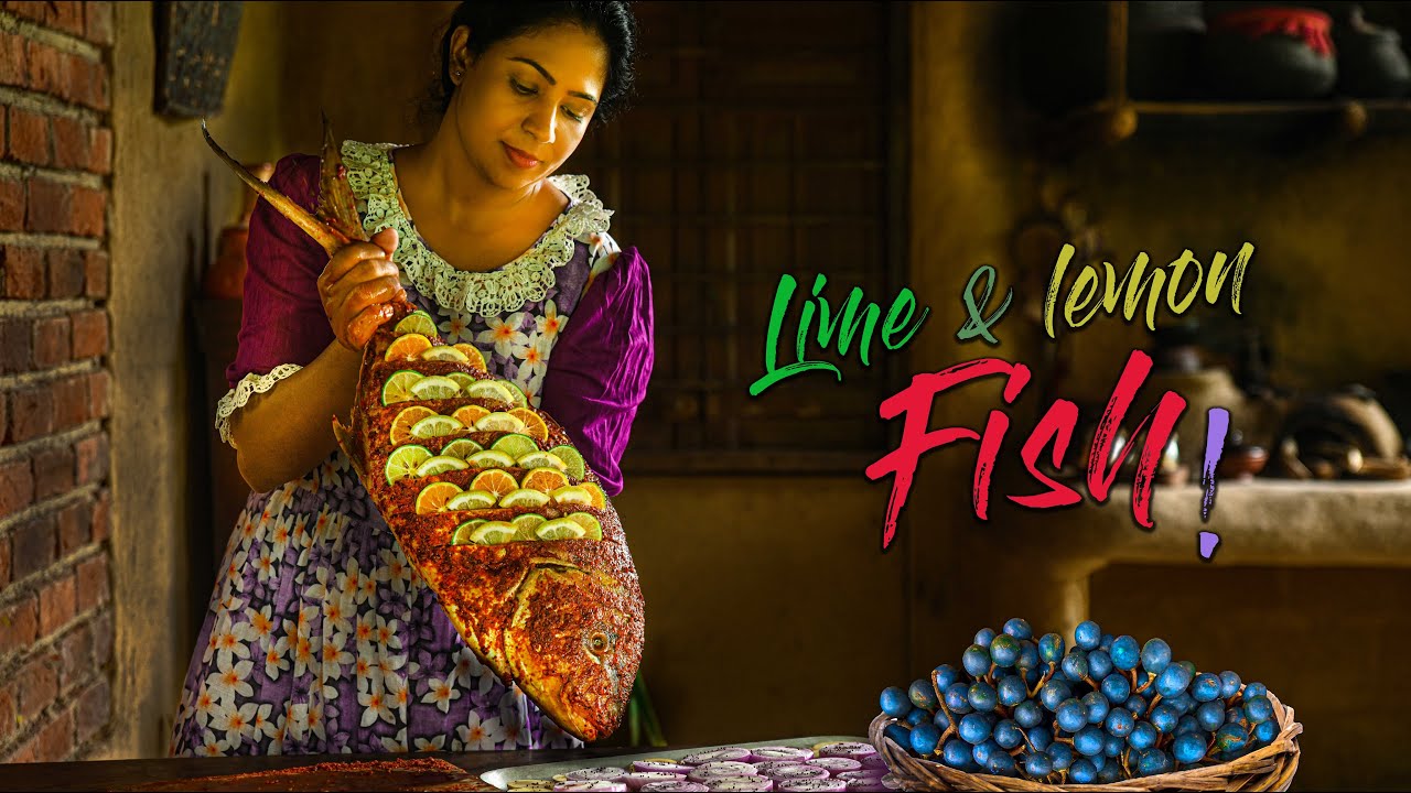 Whole spicy fish bake with lemon lime and blue olives