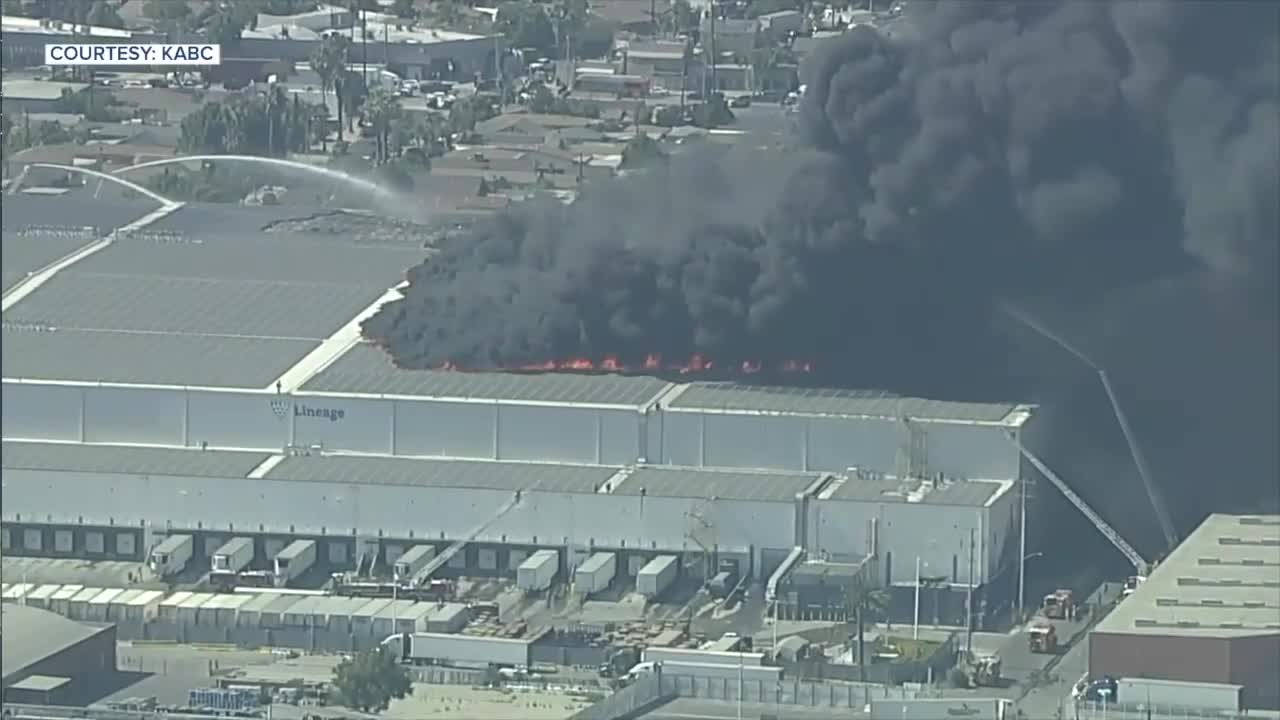 Aerials of the commercial building fire in Los Angeles