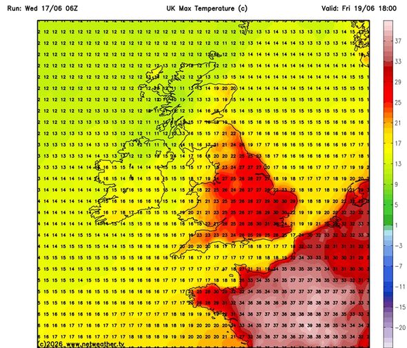 UK hot weather map shows 31C heat on Friday - 14 counties above 25C