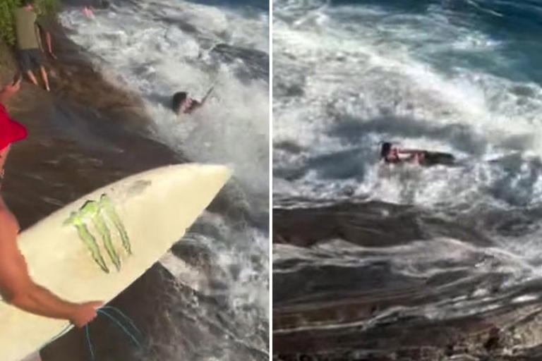 Rogue wave sweeps woman off infamous beach as frantic rescue caught on ...