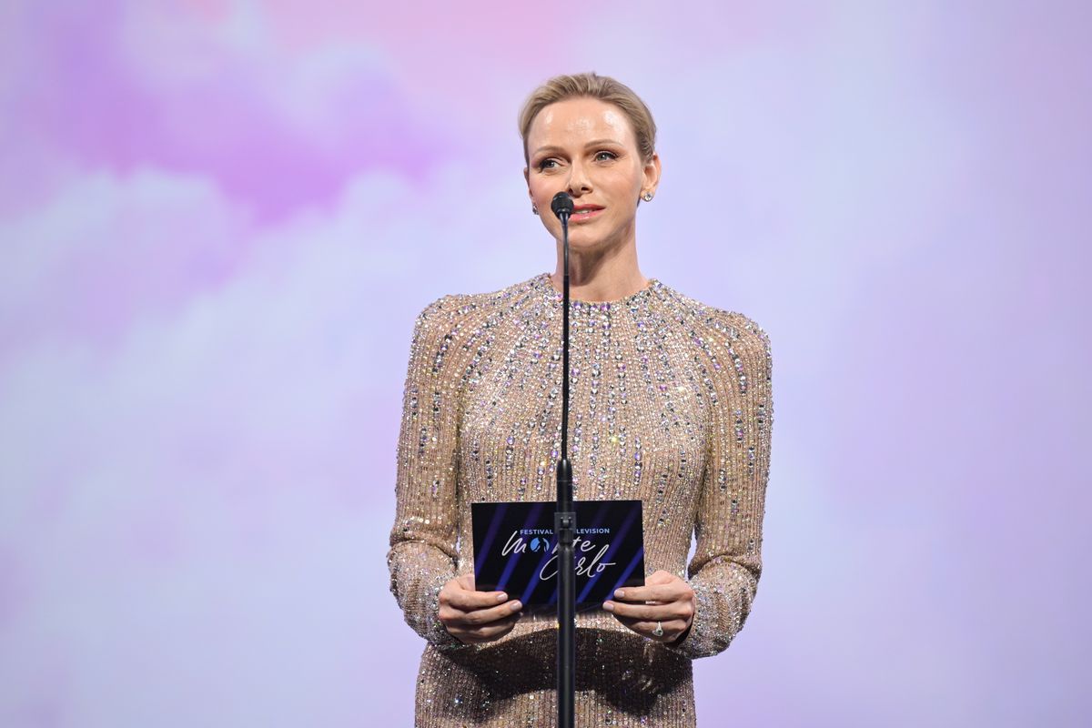 Princess Charlene dazzles in a crystal-covered gown and diamond jewelry ...