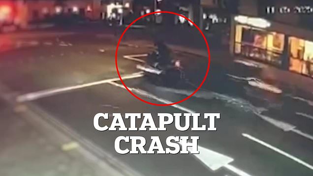 Moment drunk driver catapults motorcyclist into the air