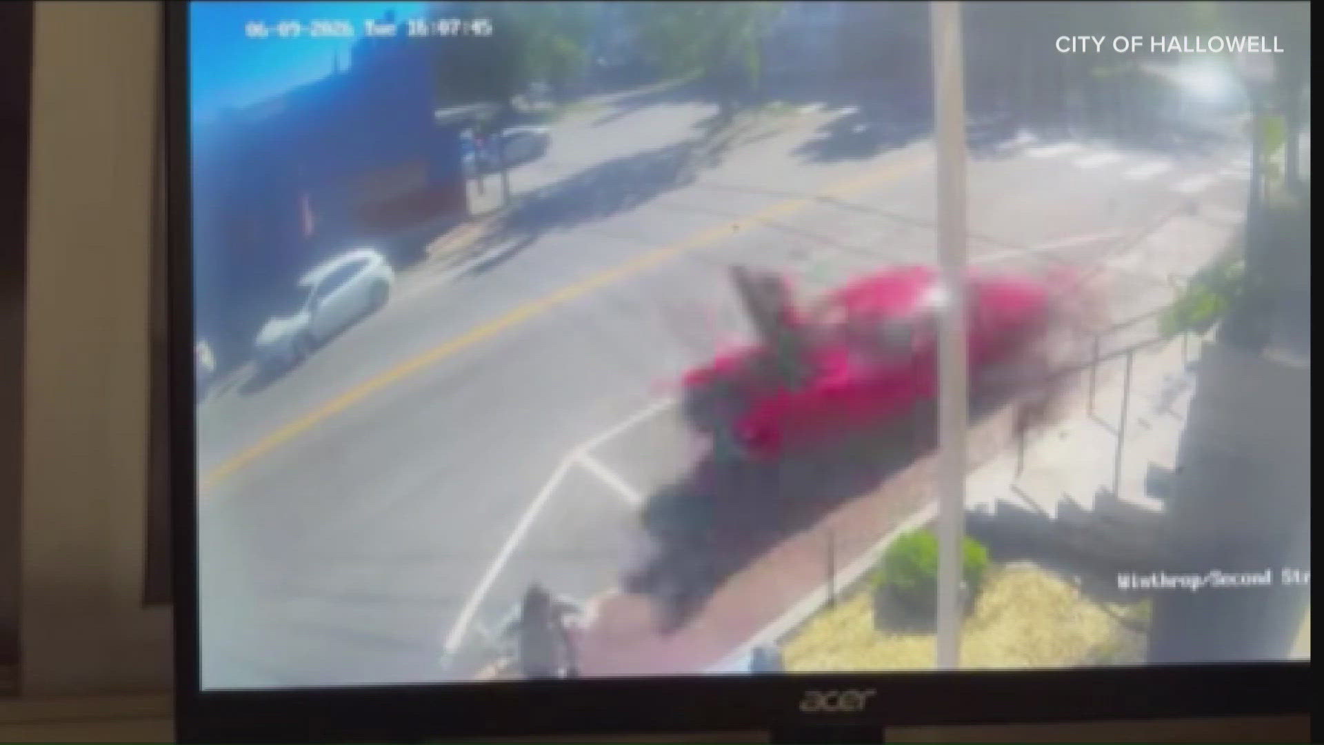Caught on camera: Car crashes down sidewalk, nearly hitting Hallowell ...