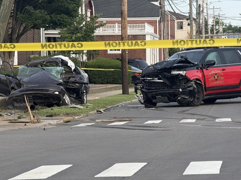 Crash involving Charleston Fire Department vehicle takes down power lines