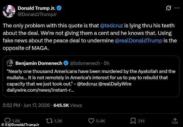 Don Trump Jr. says Ted Cruz is 'lying through his teeth' as GOP ...