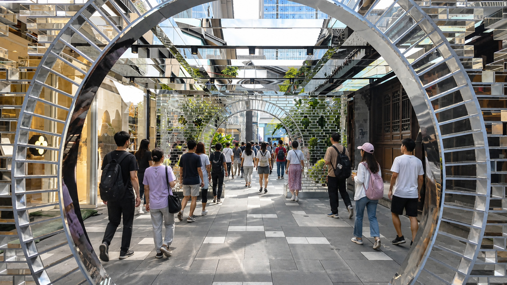 Walking into China’s trendy shopping street through giant silver rings