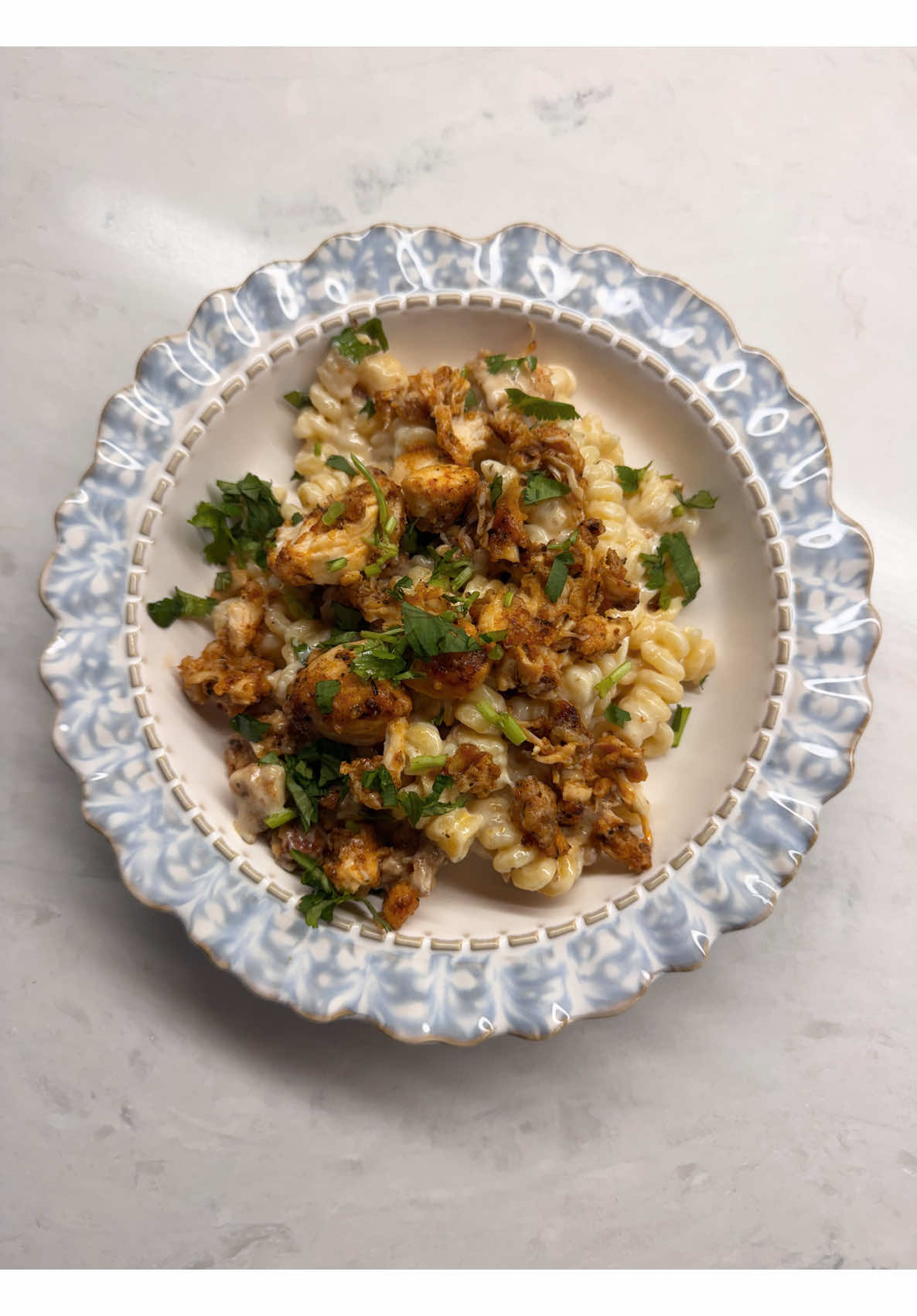 Homemade creamy chicken fusilli pasta with crispy seasoned chicken and ...