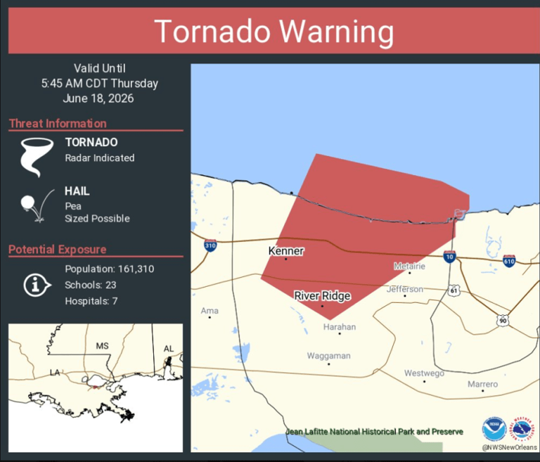 Tornado warnings issued for parts of Jefferson Parish