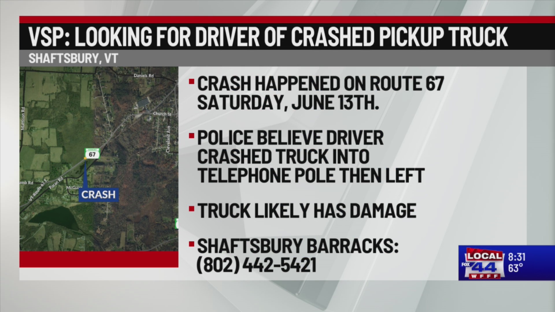 VSP looks for driver of crashed vehicle in Shaftsbury