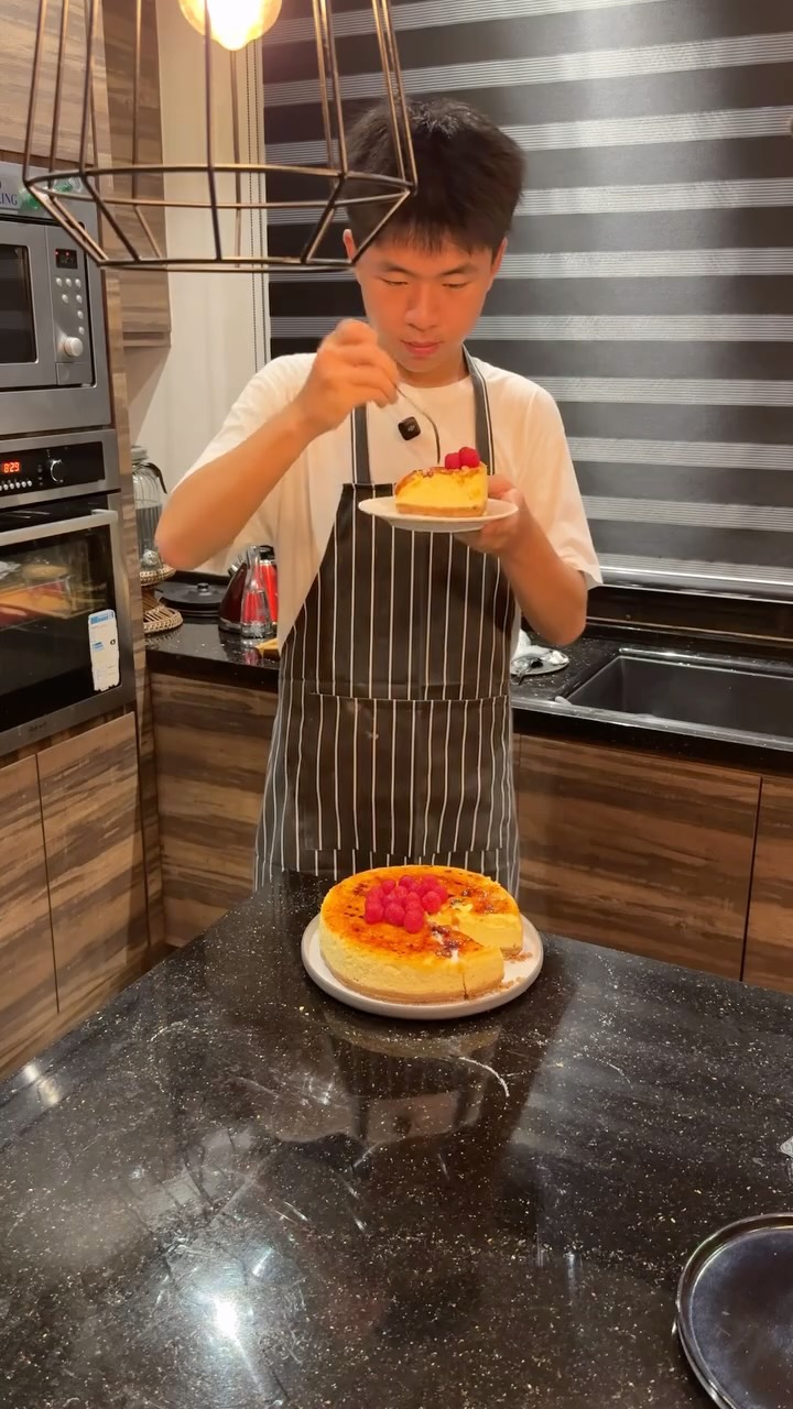 Homemade Basque cheesecake with fresh raspberries