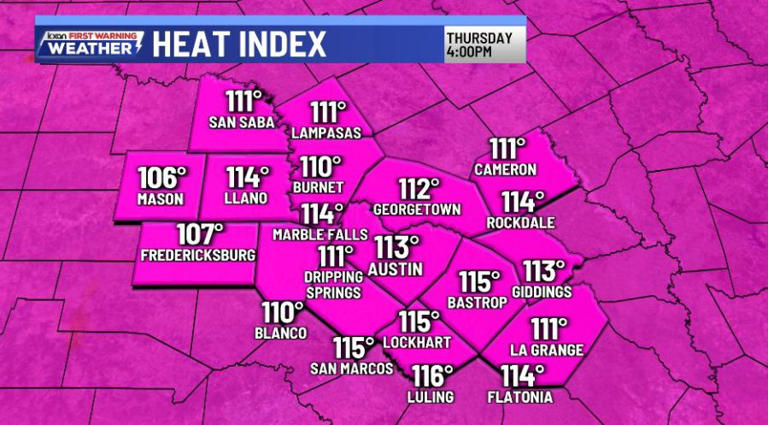 Heat index values near or above 110 degrees today