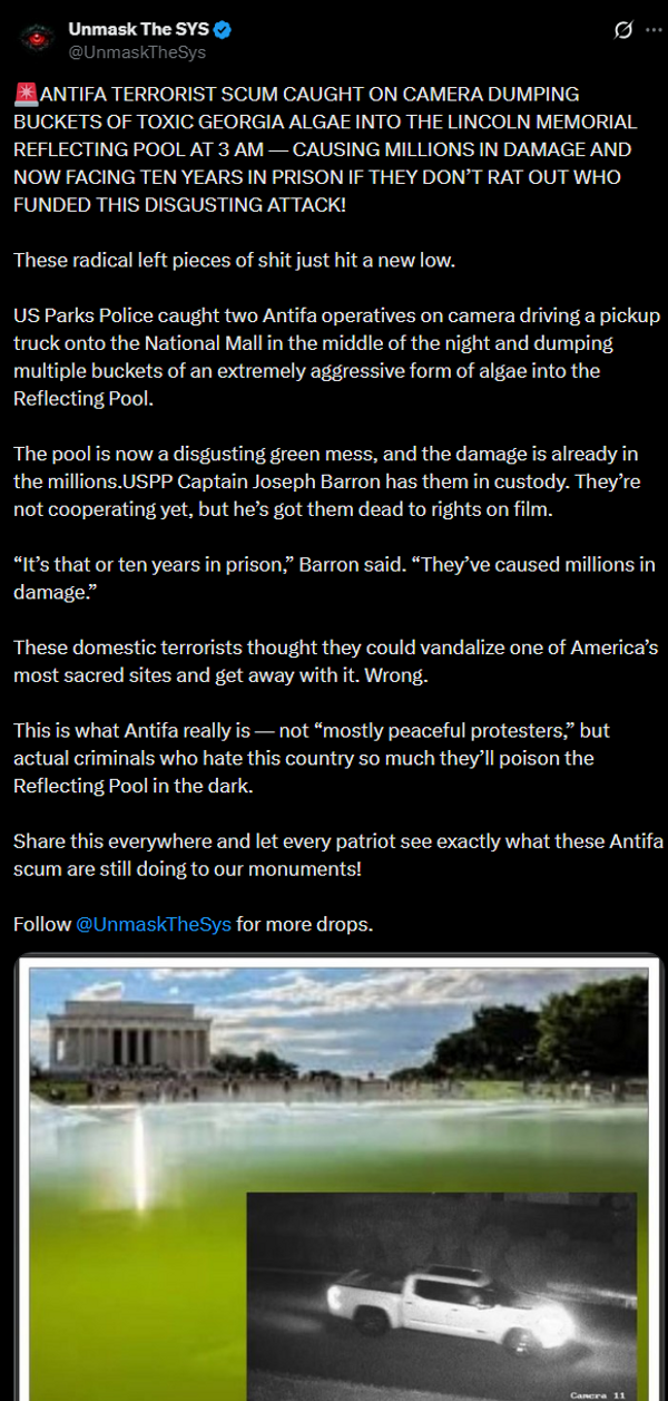 Were 'antifa operatives' arrested for dumping algae in reflecting pool?