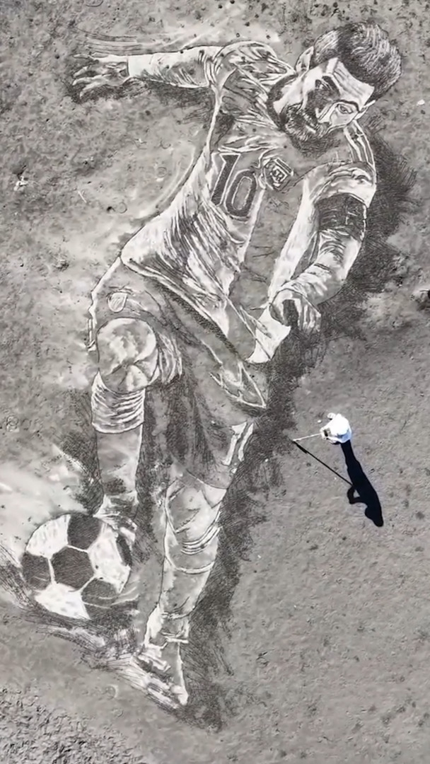 Giant Messi portrait carved into a Philippine beach for the World Cup