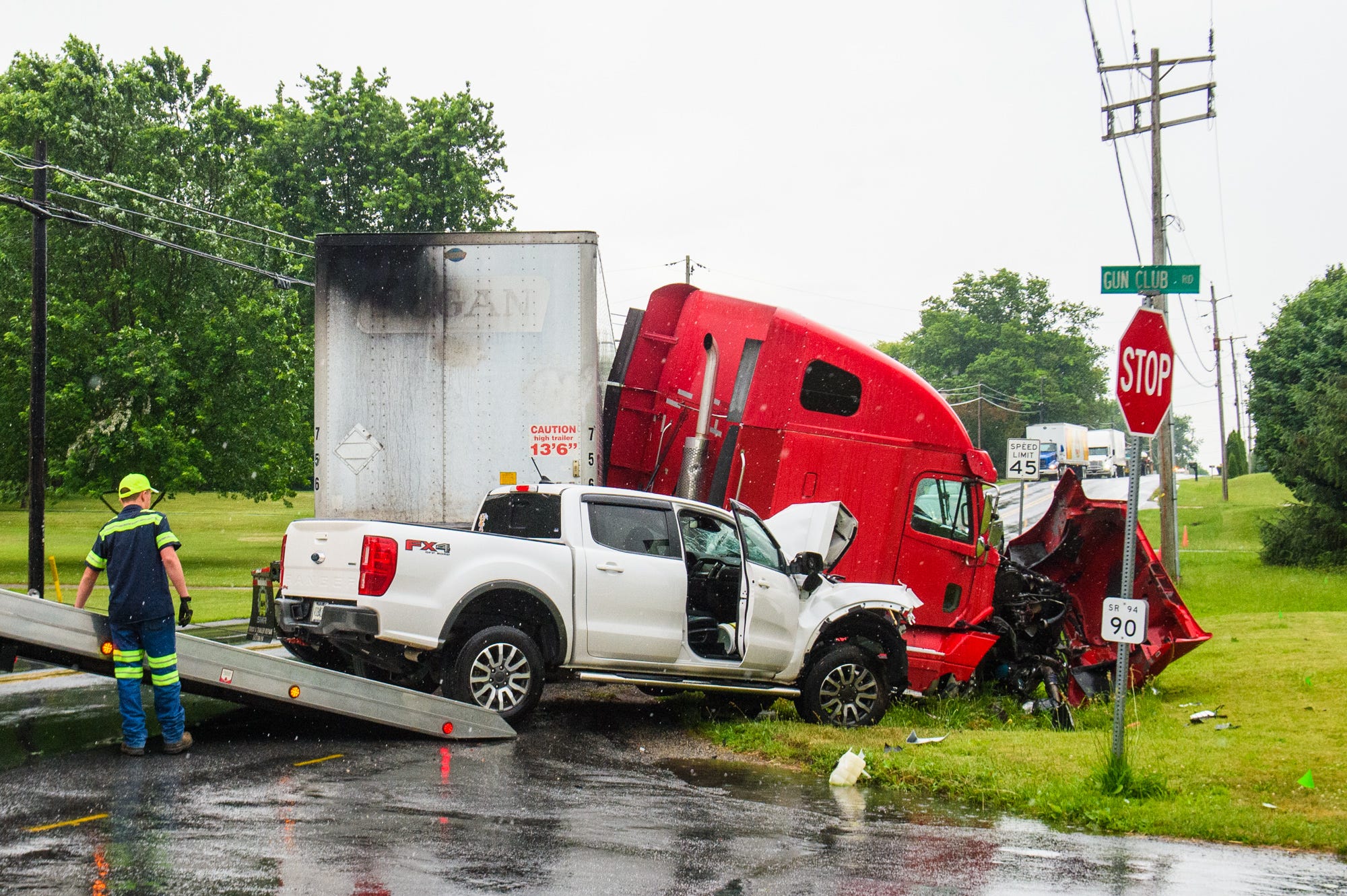 One injured, Route 94 blocked after Cross Keys tractor-trailer crash