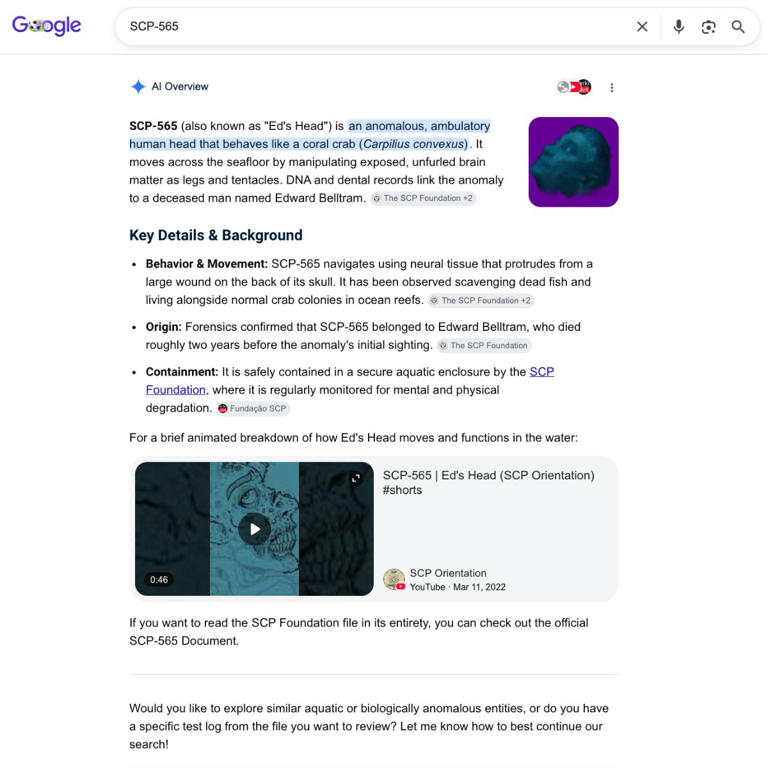 Google’s AI overviews feature is telling users that SCP horror fiction ...