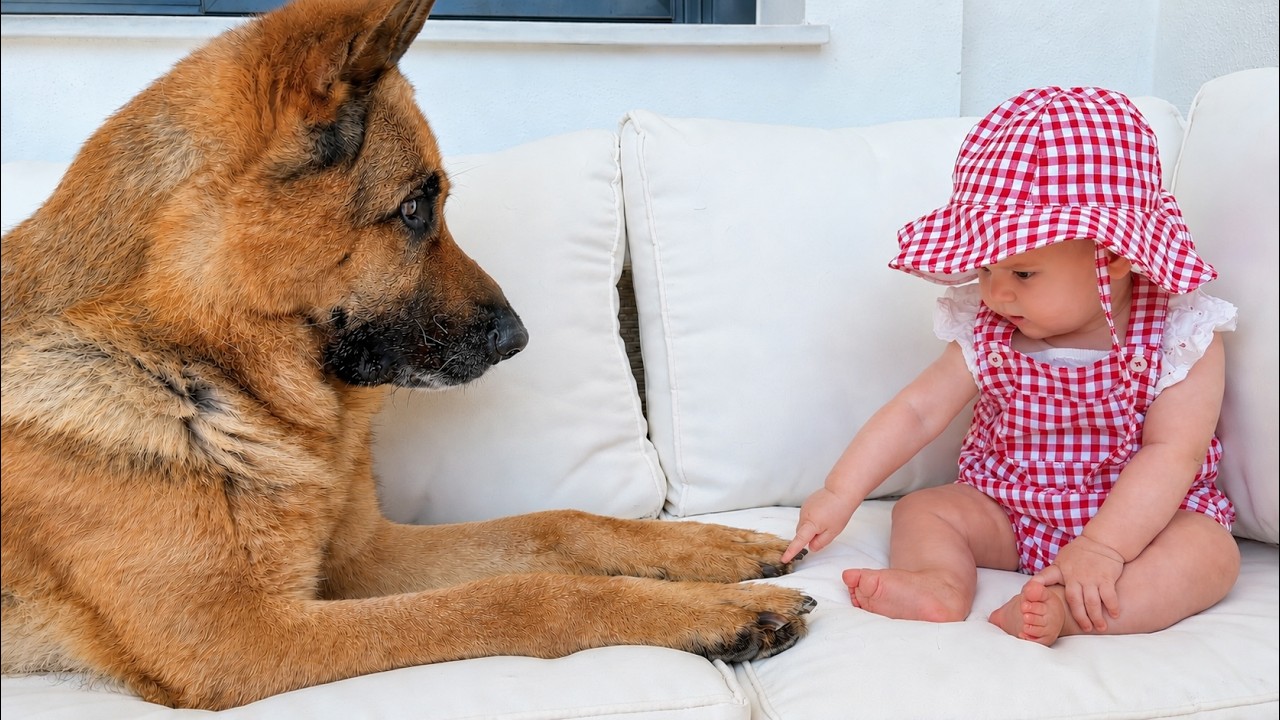 German shepherd's reaction to a baby's gentle touch