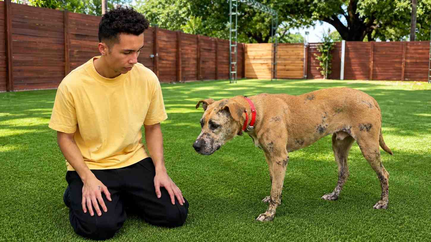 An abused rescue dog takes her first brave step
