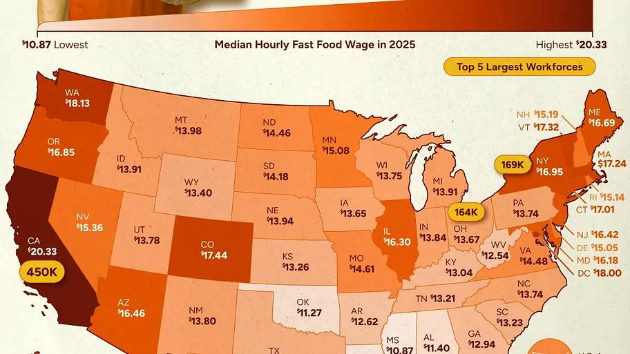 The average fast food hourly wages, mapped by each state