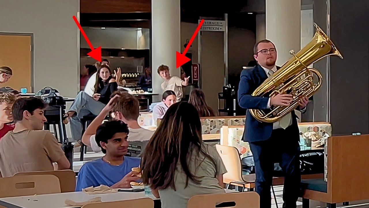 Guy with tuba in cafeteria surprises everyone with the most exquisite sound