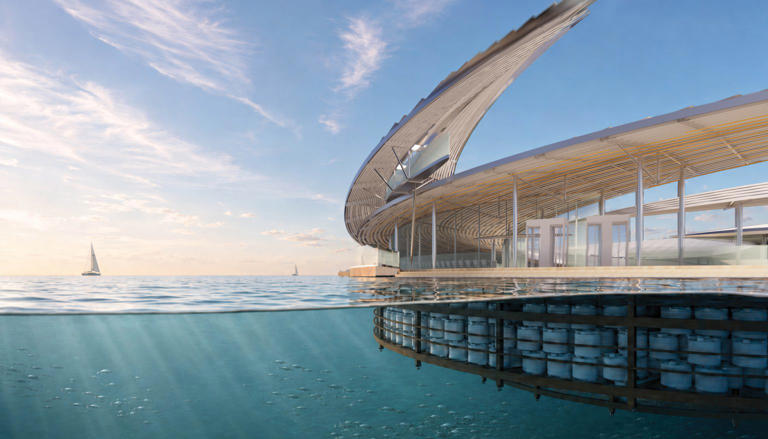 Floating ocean vortex building is built from the ocean's garbage