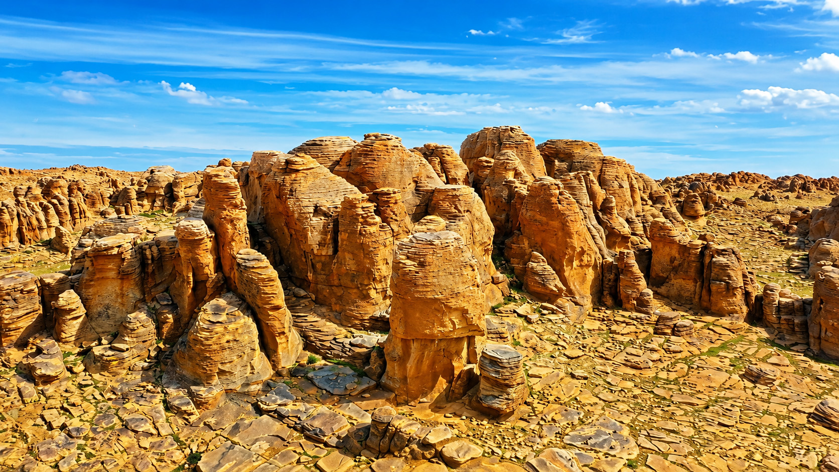 Giant stone formations rising across a desert mountain landscape