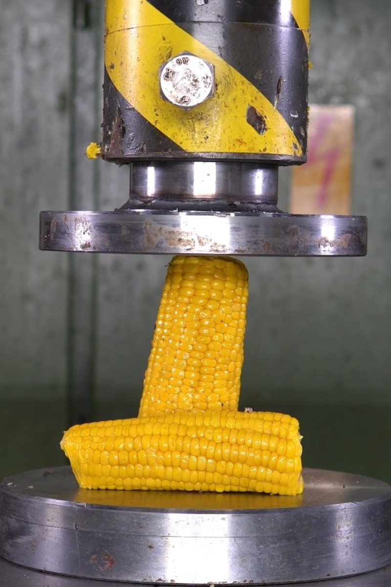 Hydraulic press crushes corn cob