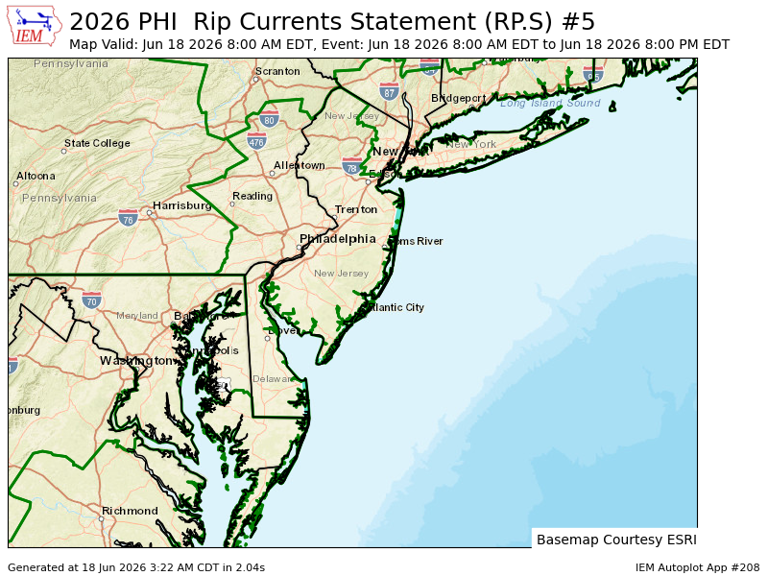 High rip current risk along the length of Jersey Shore Thursday