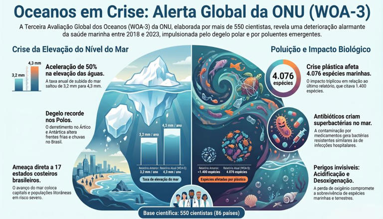 Nível do mar sobe mais de 50% e poluição ameaça biodiversidade, diz ONU