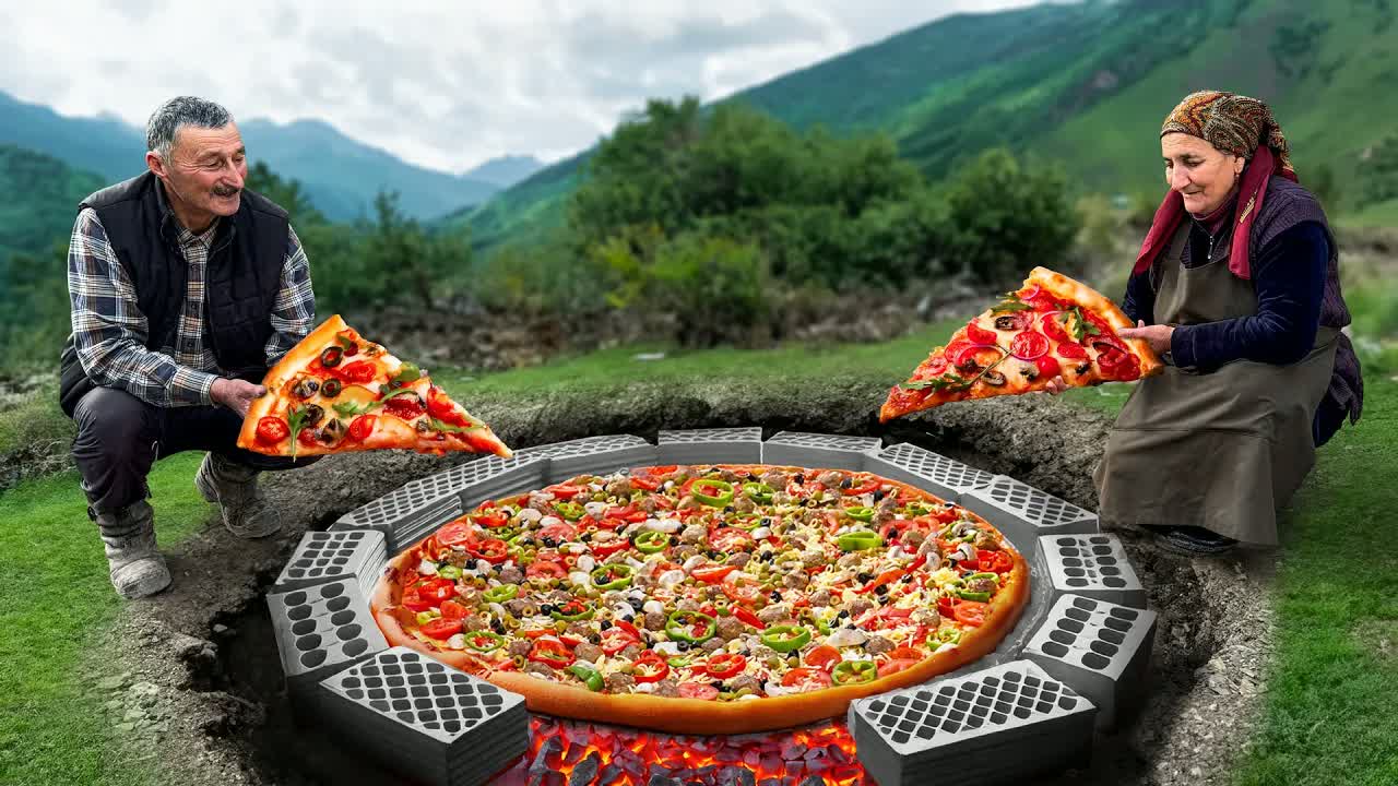 A massive pizza baked using an ancient cooking method