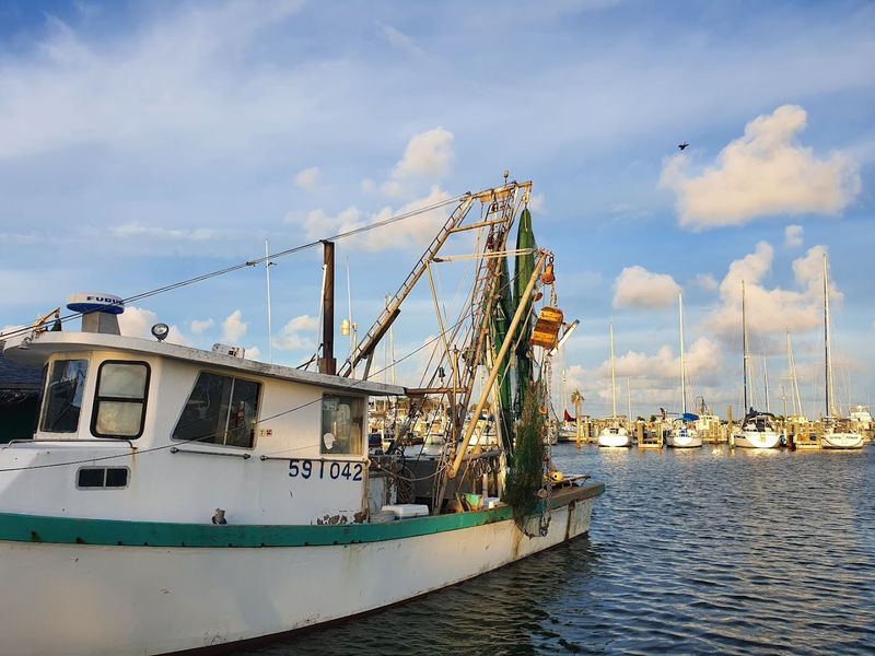 This Texas harbor area combines boardwalk views, dining, and boat watching