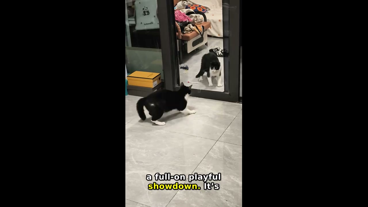 Cat plays with its reflection before making a new feline friend